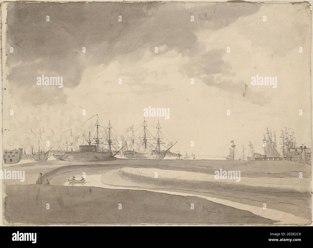 Landscape view of harbor, ships and two people in a row boat Stock ...