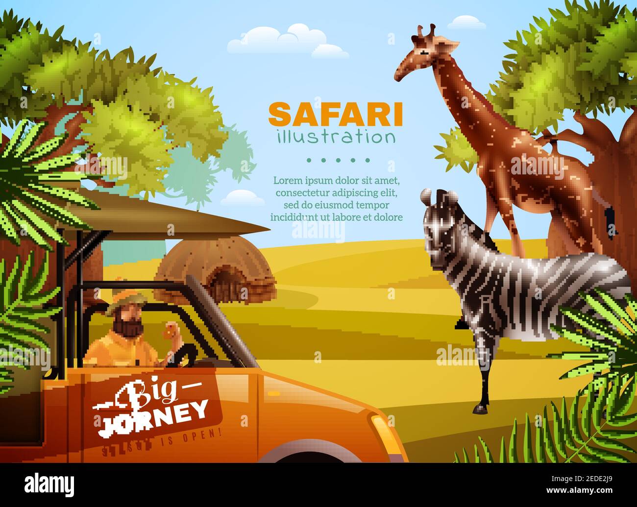 Safari colored poster with big journey headline and tourist with ...