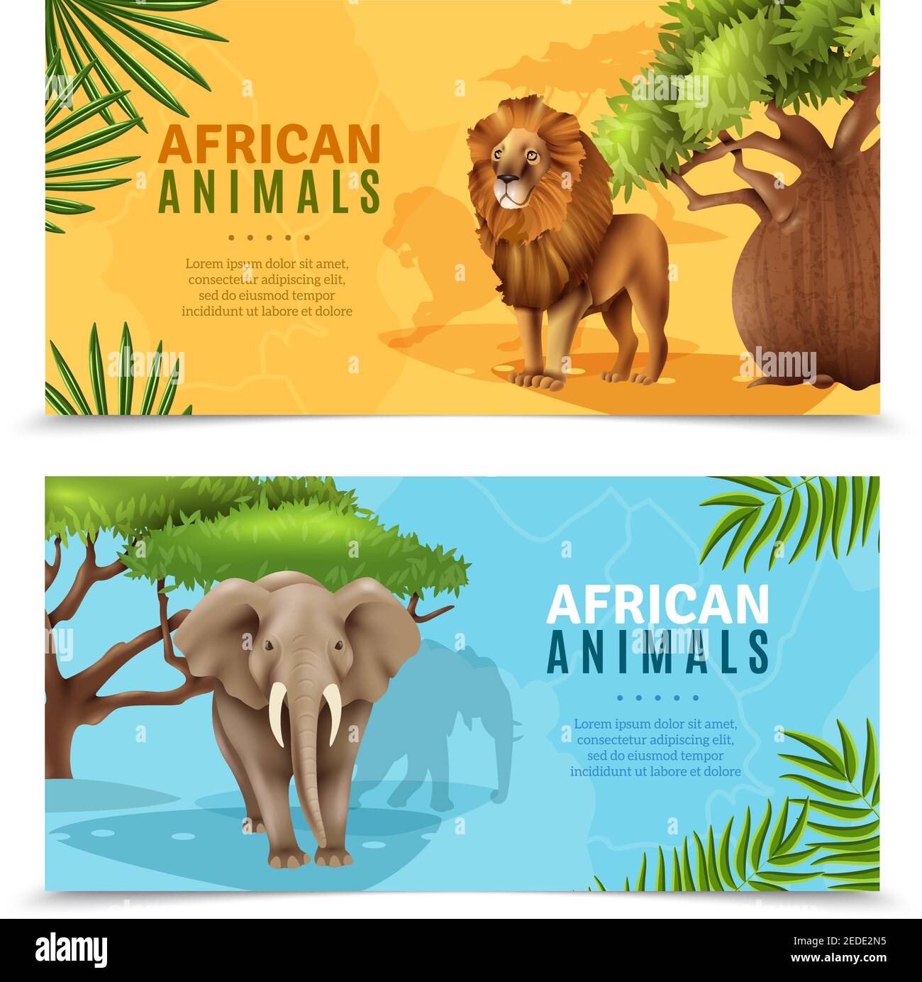 Safari animals horizontal banners with elephant and lion symbols on ...