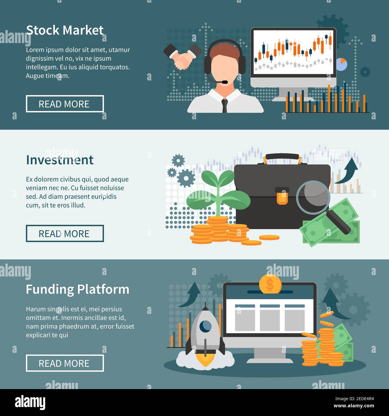 Investment and trading horizontal banners set with stock market funding ...