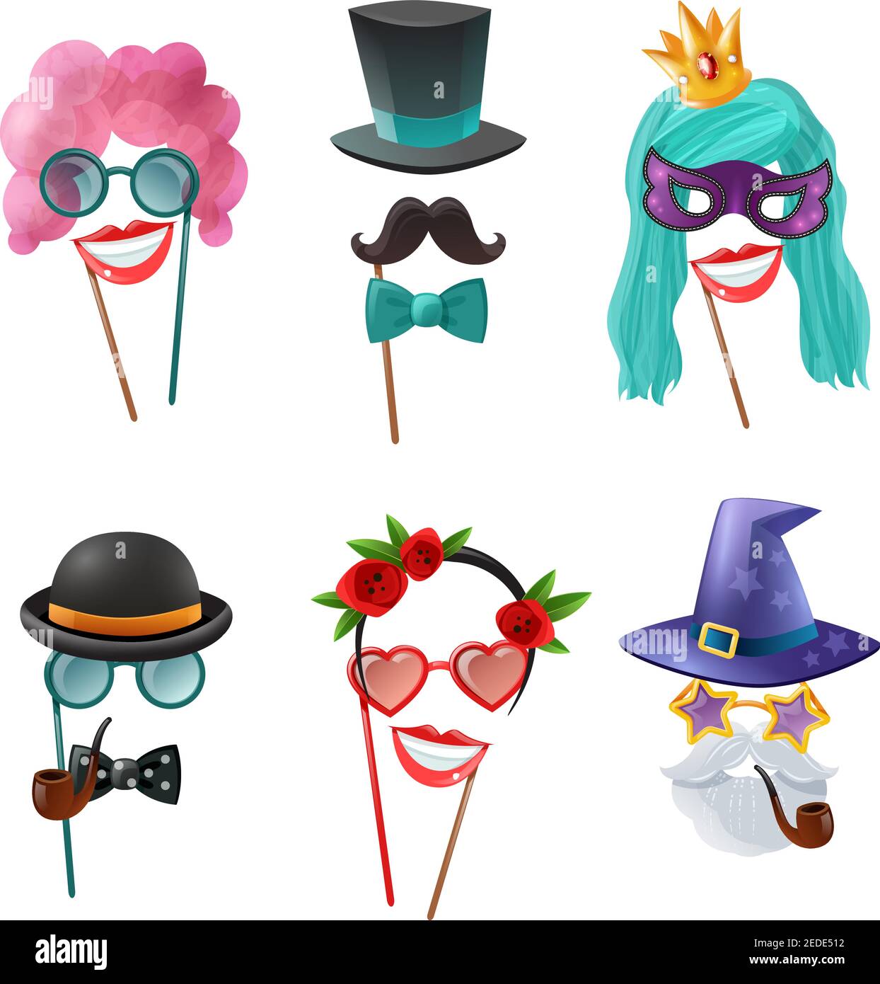 Photo booth party set of carnival accessories with mask wig tie ...