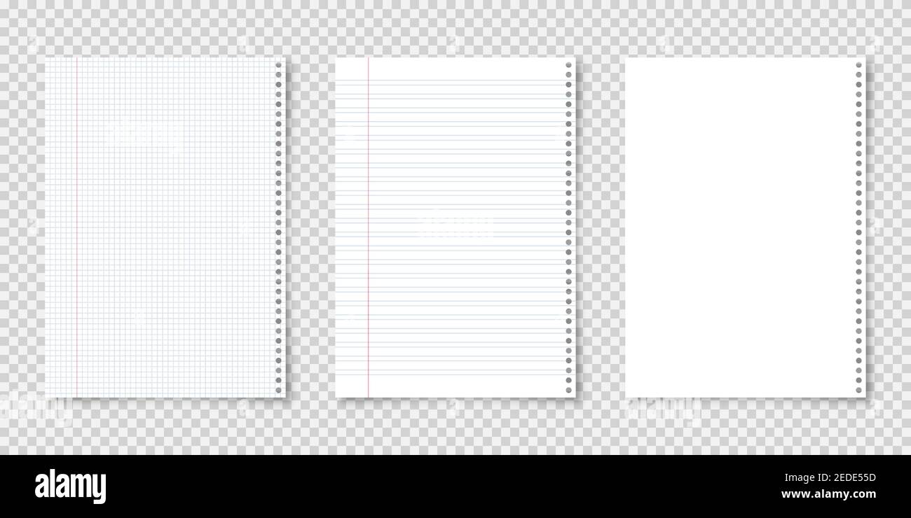 Realistic blank lined paper sheets in A4 format on transparent ...