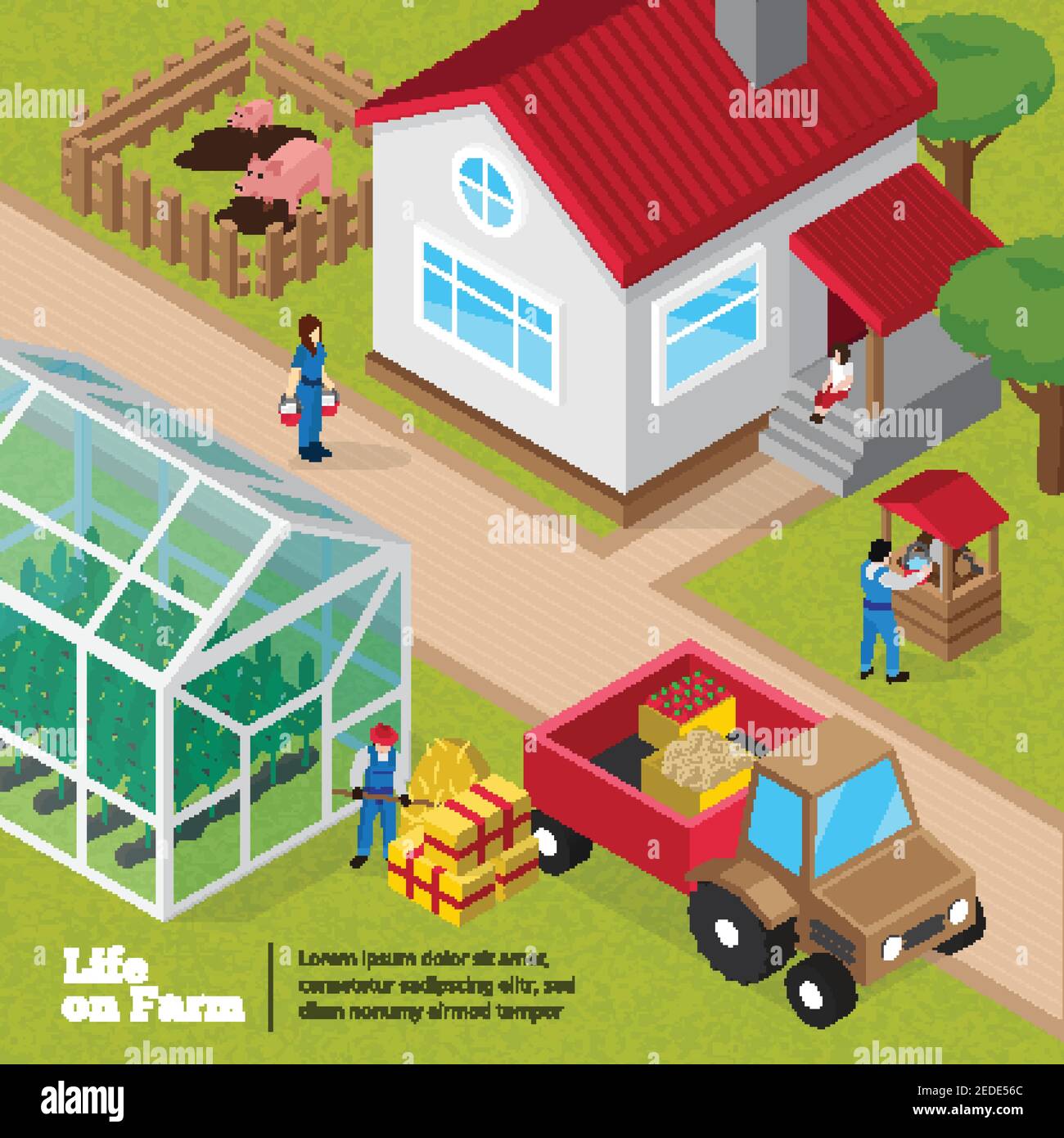 Farm life daily activities isometric poster with farmyard facilities ...