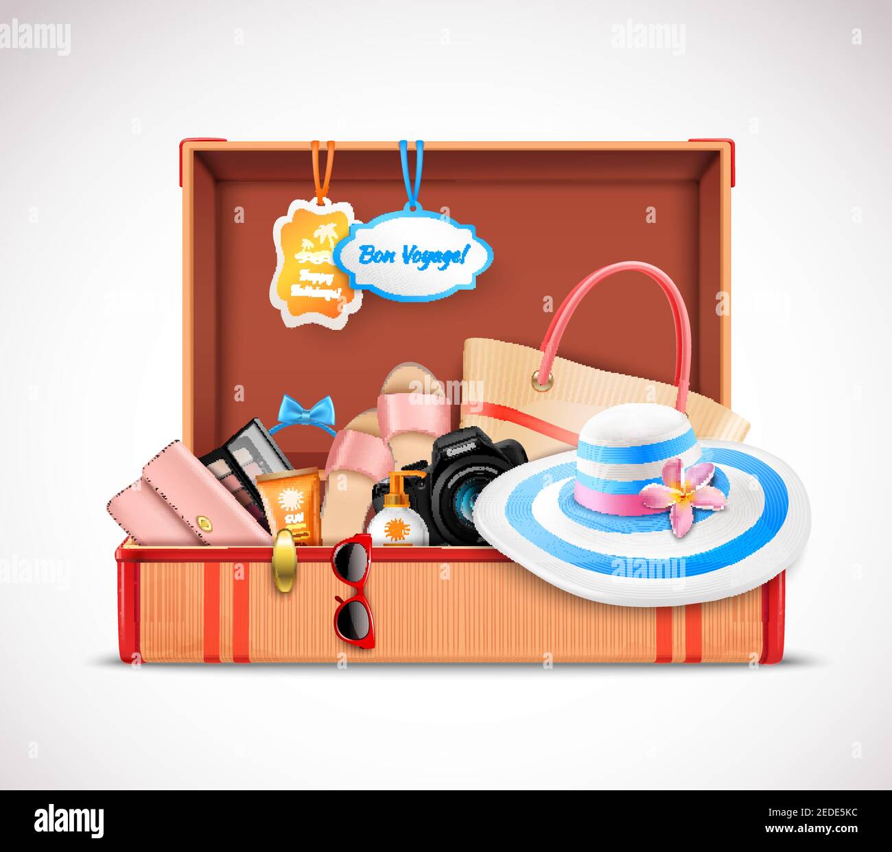 Classic leather brown leather retro suitcase open full with vacation luggage accessories ...