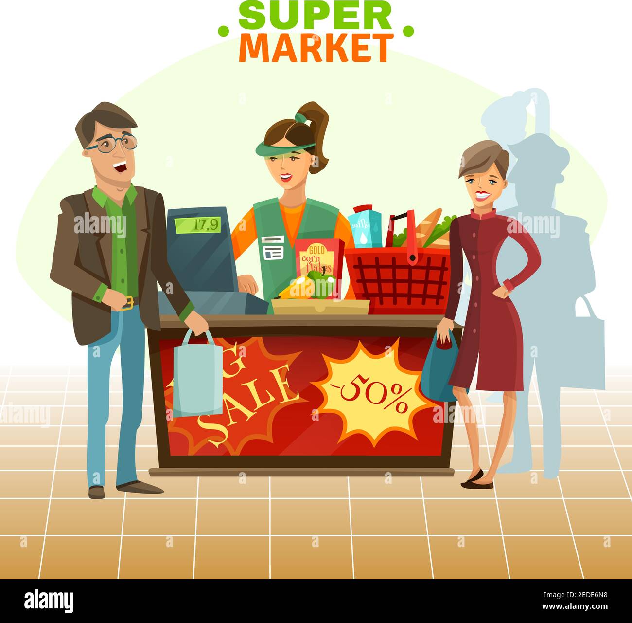 Supermarket cashier with customer food drink and basket cartoon vector ...