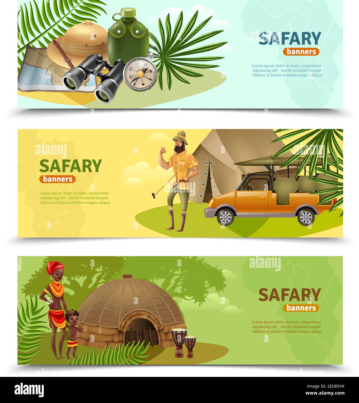 Three isolated horizontal safari banner set with big colored headlines ...