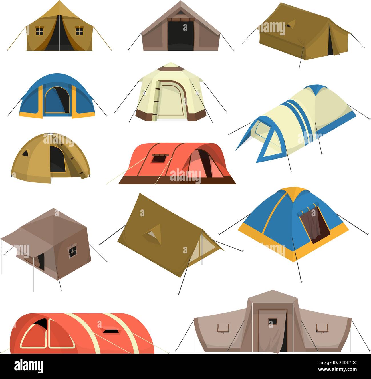 Set of colorful tourist tents of various design with canopy windows and ...