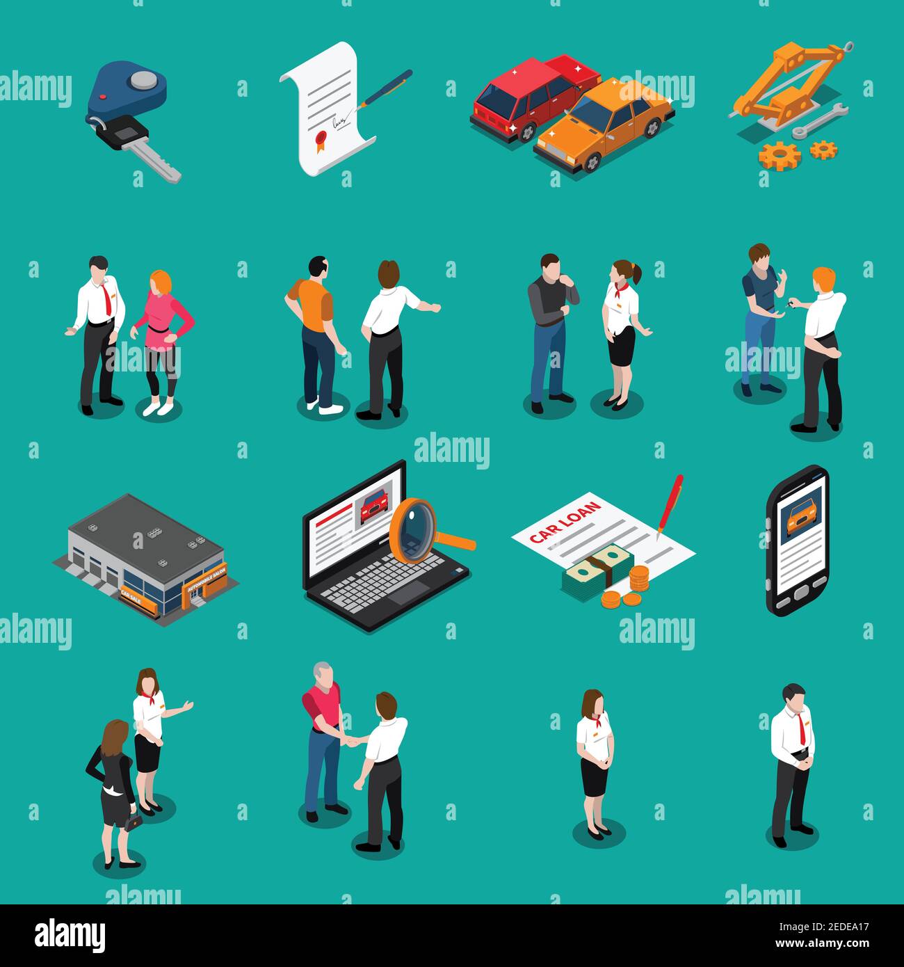 Set of isometric icons with car dealership customers and sellers ...