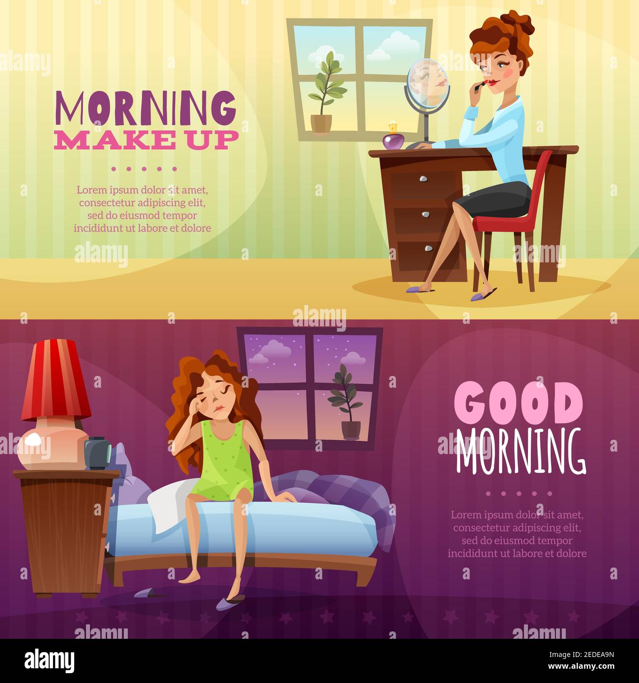 Good morning and morning make up horizontal banners with cartoon young ...