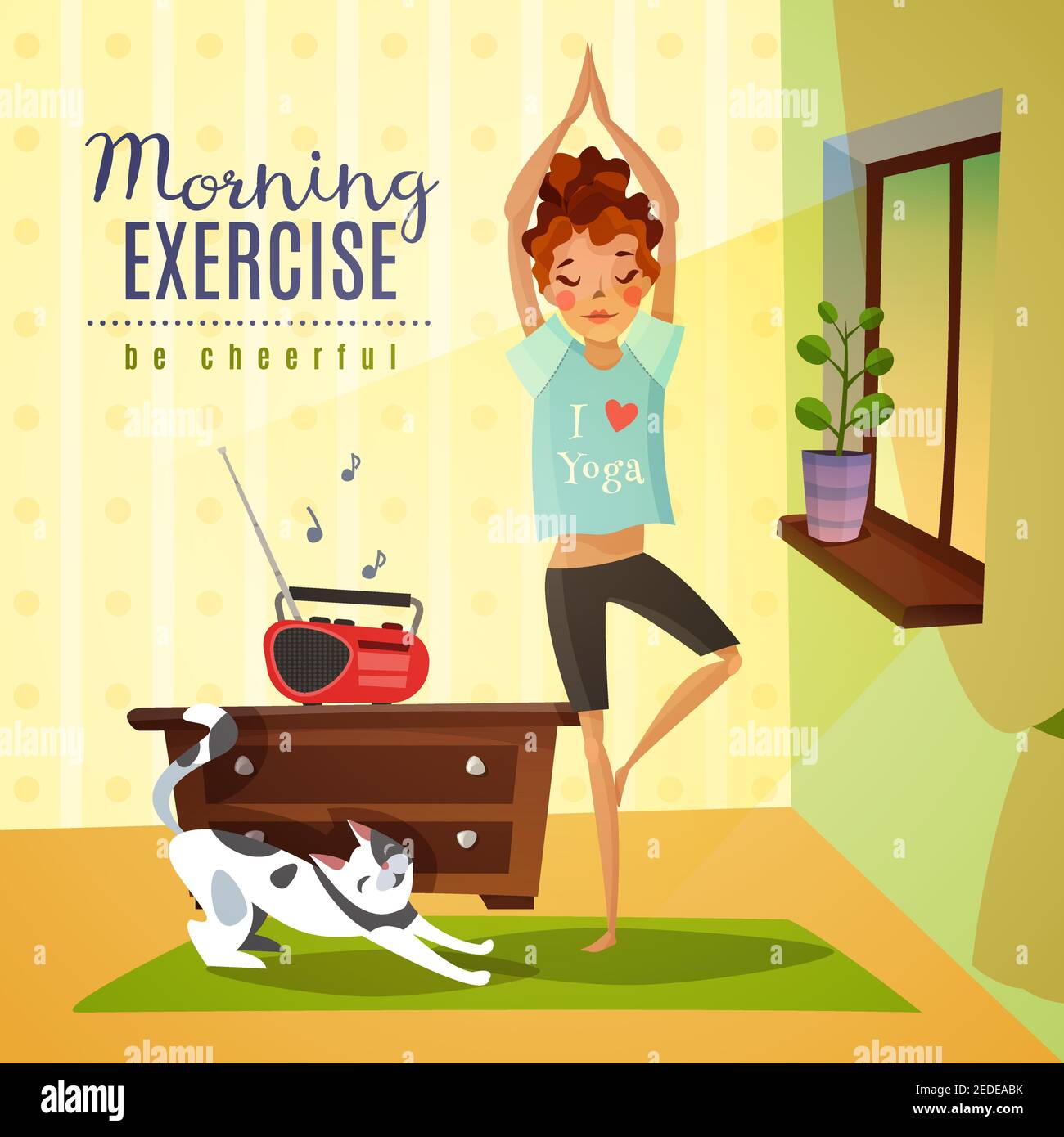 Morning awakening cartoon composition with young girl doing gymnastic ...