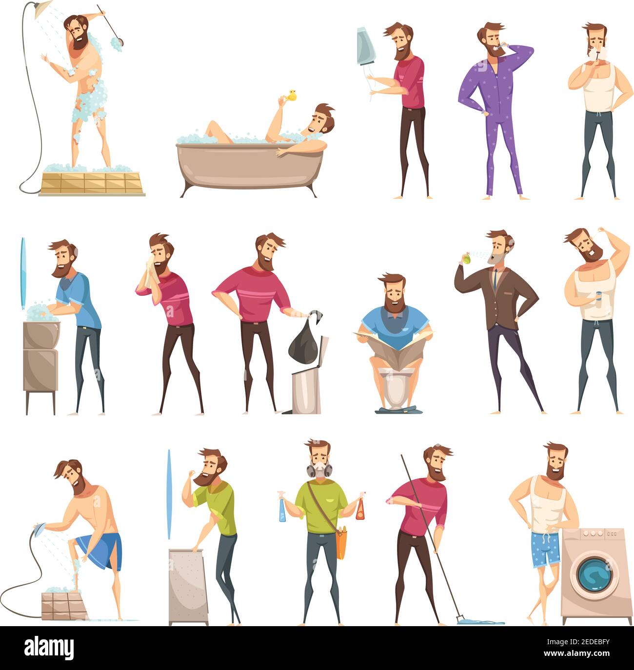 Male hygiene set in cartoon retro style with bearded person in various ...