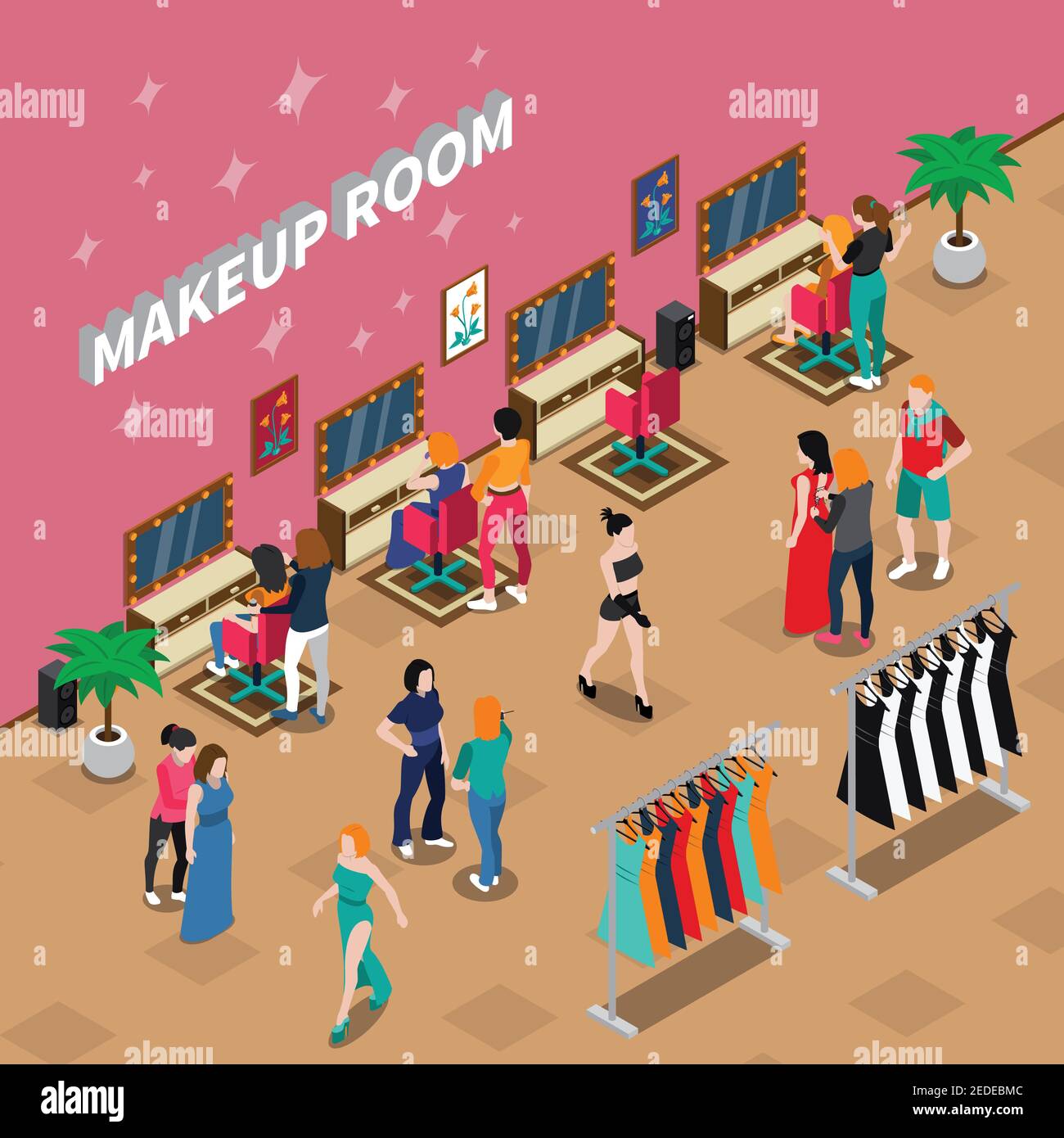 Makeup room fashion industry with models and stylists clothing on racks ...