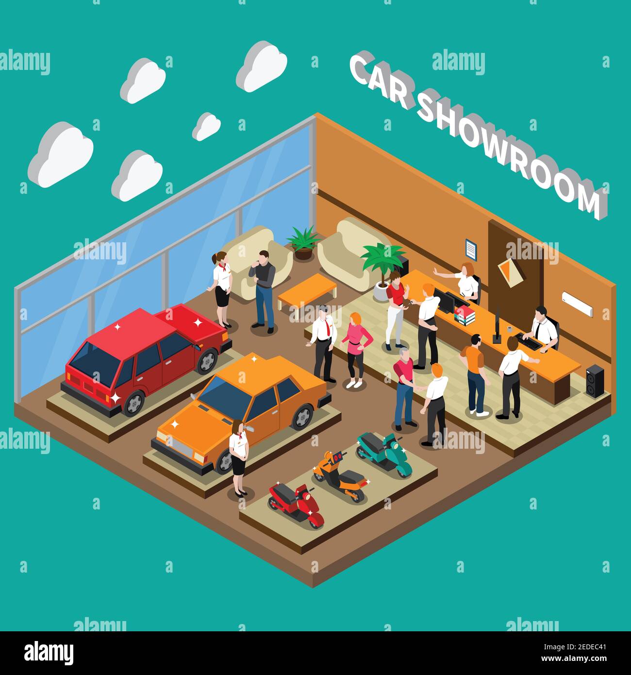 Car showroom with managers and customers computer equipment vehicles ...