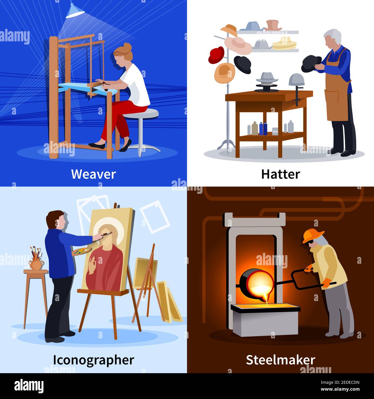 Contemporary craftspeople at work 4 flat icons square composition with ...