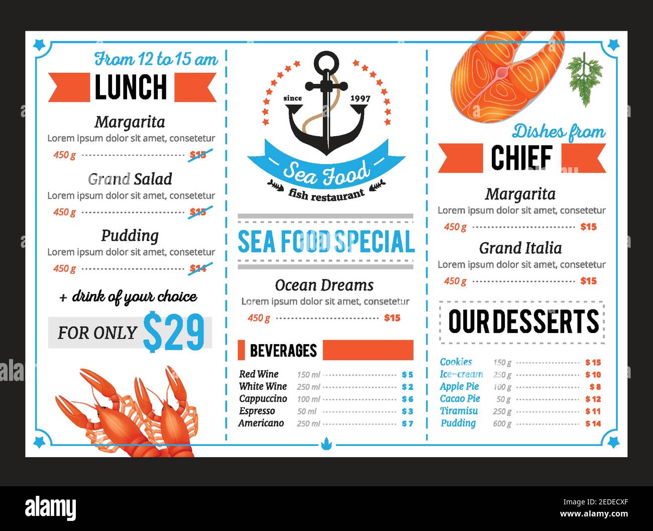 Classic sea food restaurant menu template with special chef dishes and ...