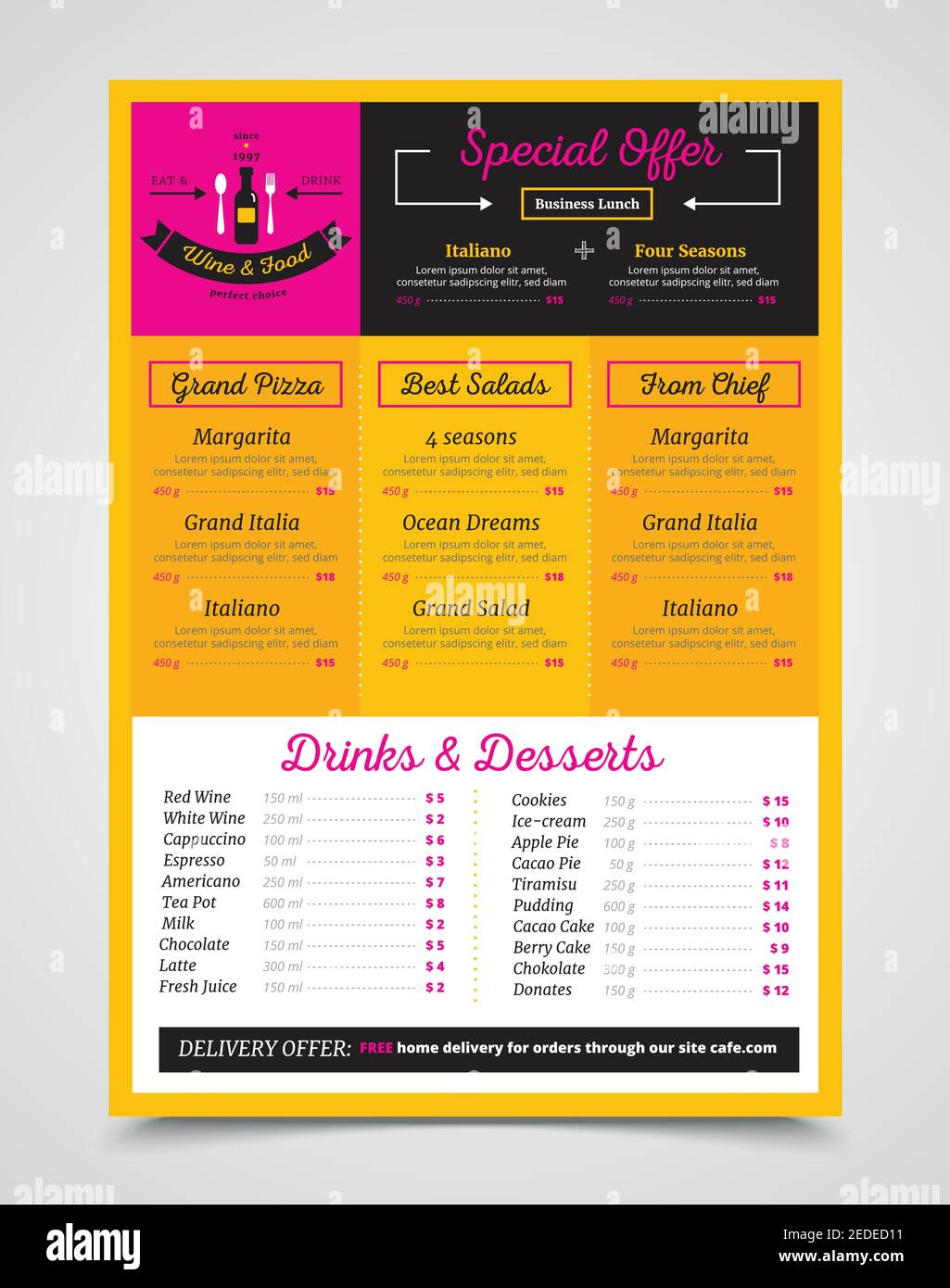 Cafe bistro menu template with special business lunch and free delivery ...