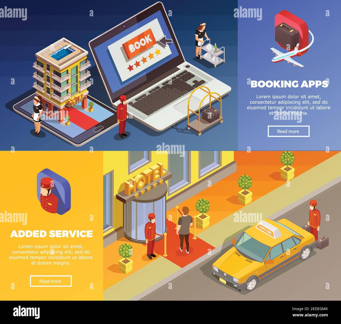 Hotel booking applications with added service isometric infographic ...