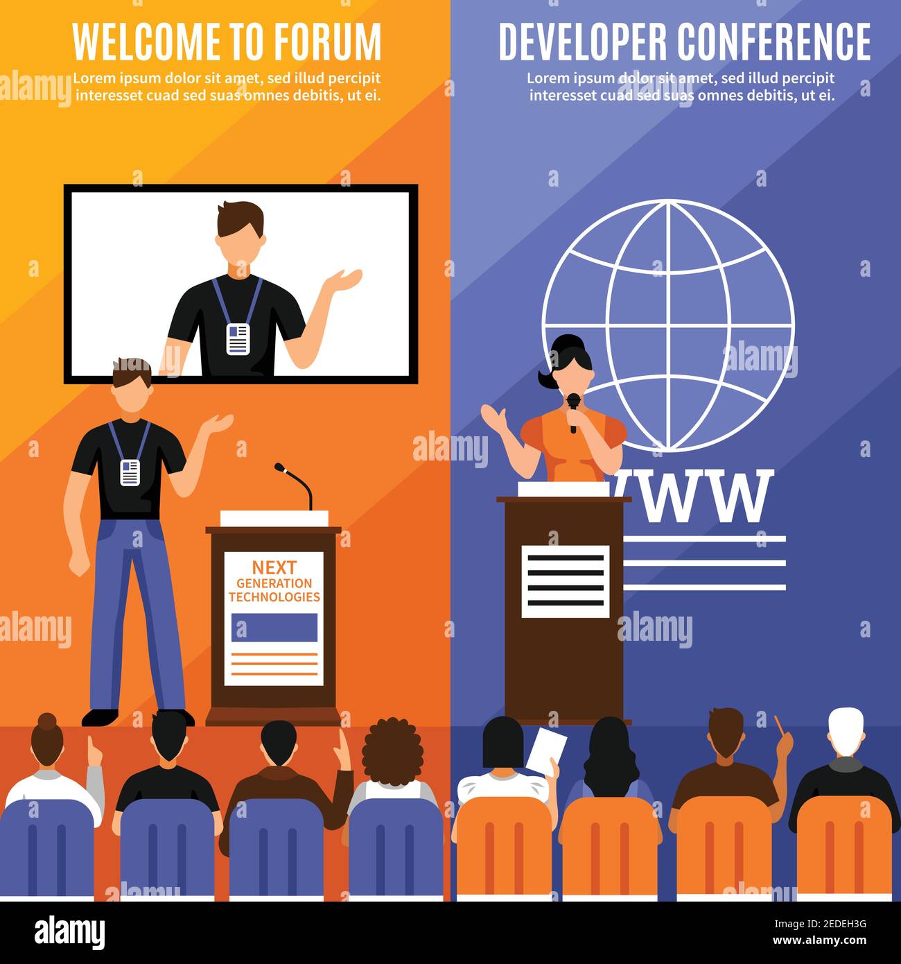 Two conference hall interior vertical banner set with welcome to forum ...