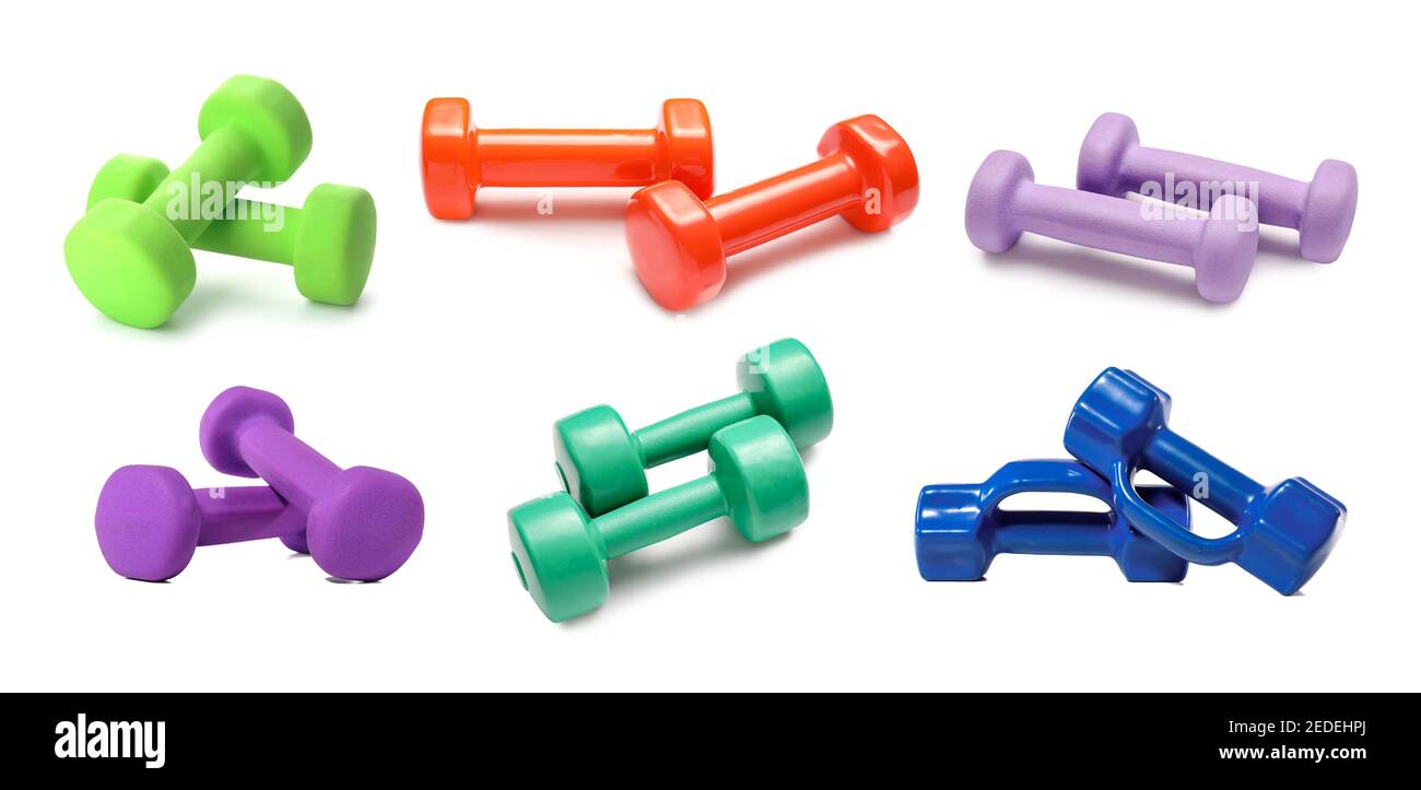 Set of dumbbells on white background Stock Photo - Alamy