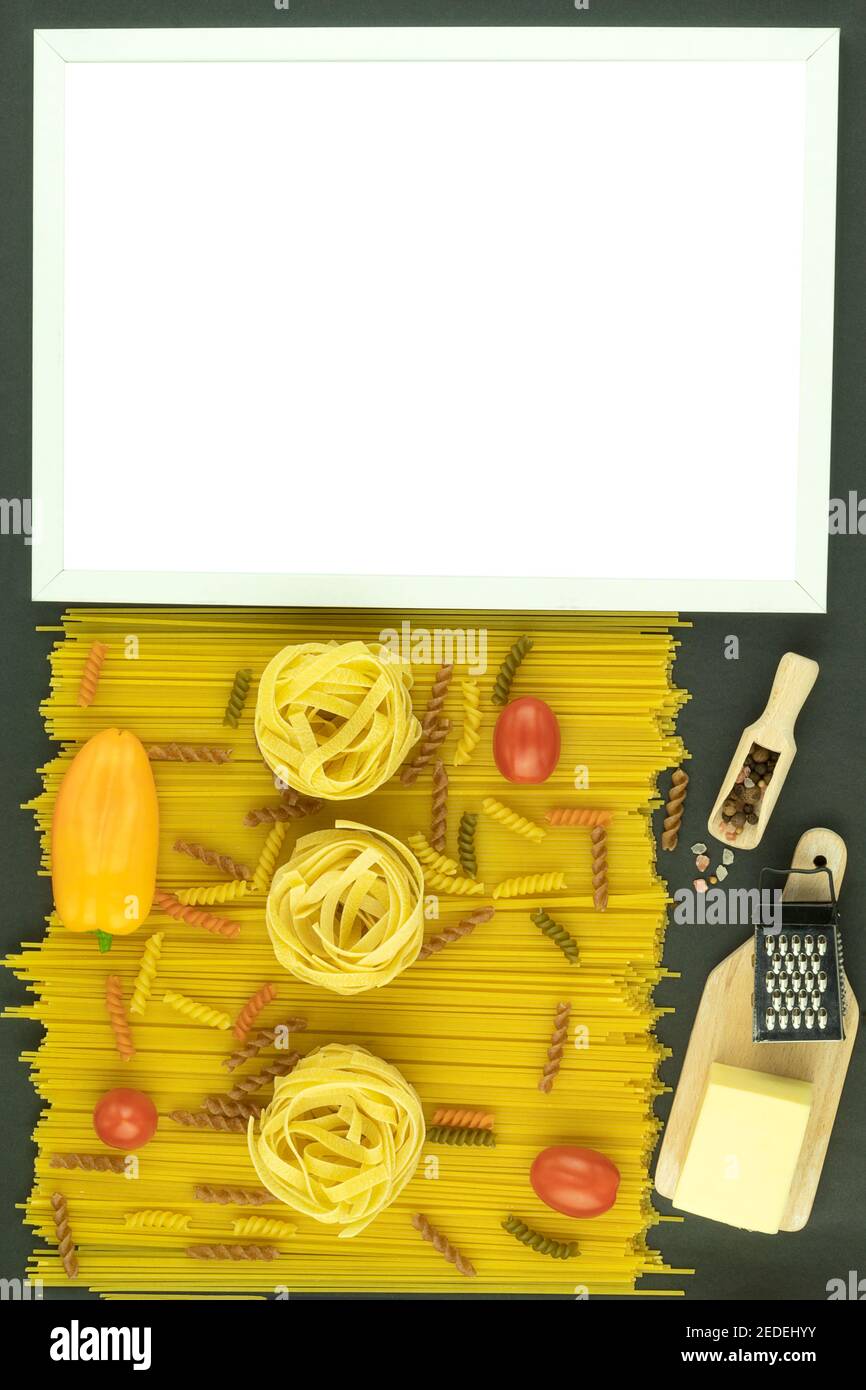 Background Layout for cooking, pasta and vegetables, spread out on the ...