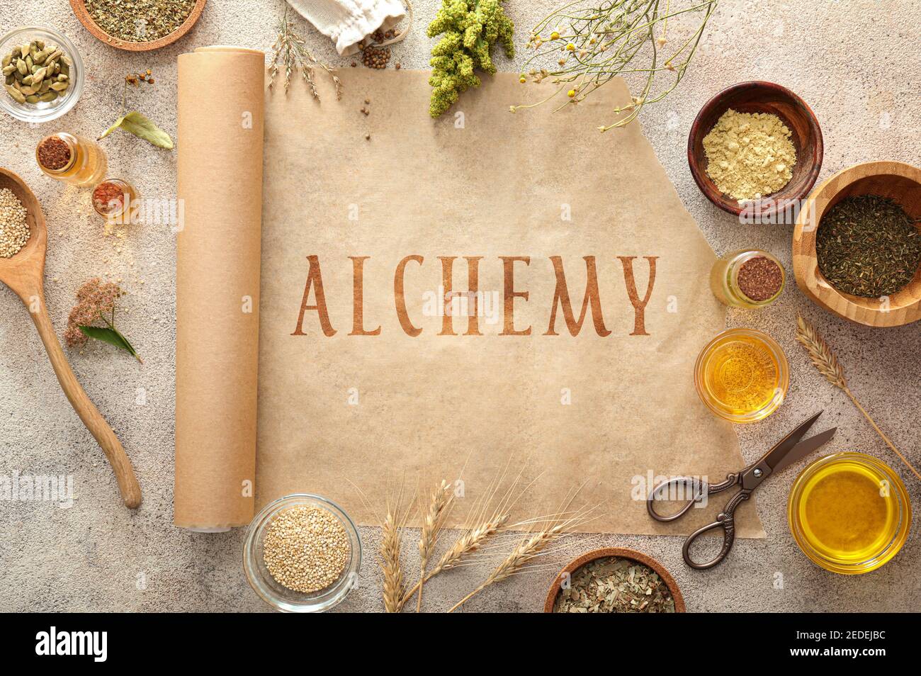 Parchment with text ALCHEMY and ingredients for preparing potions on ...