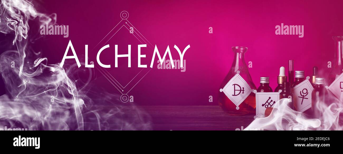 Potions with different symbols, smoke and word ALCHEMY on color ...