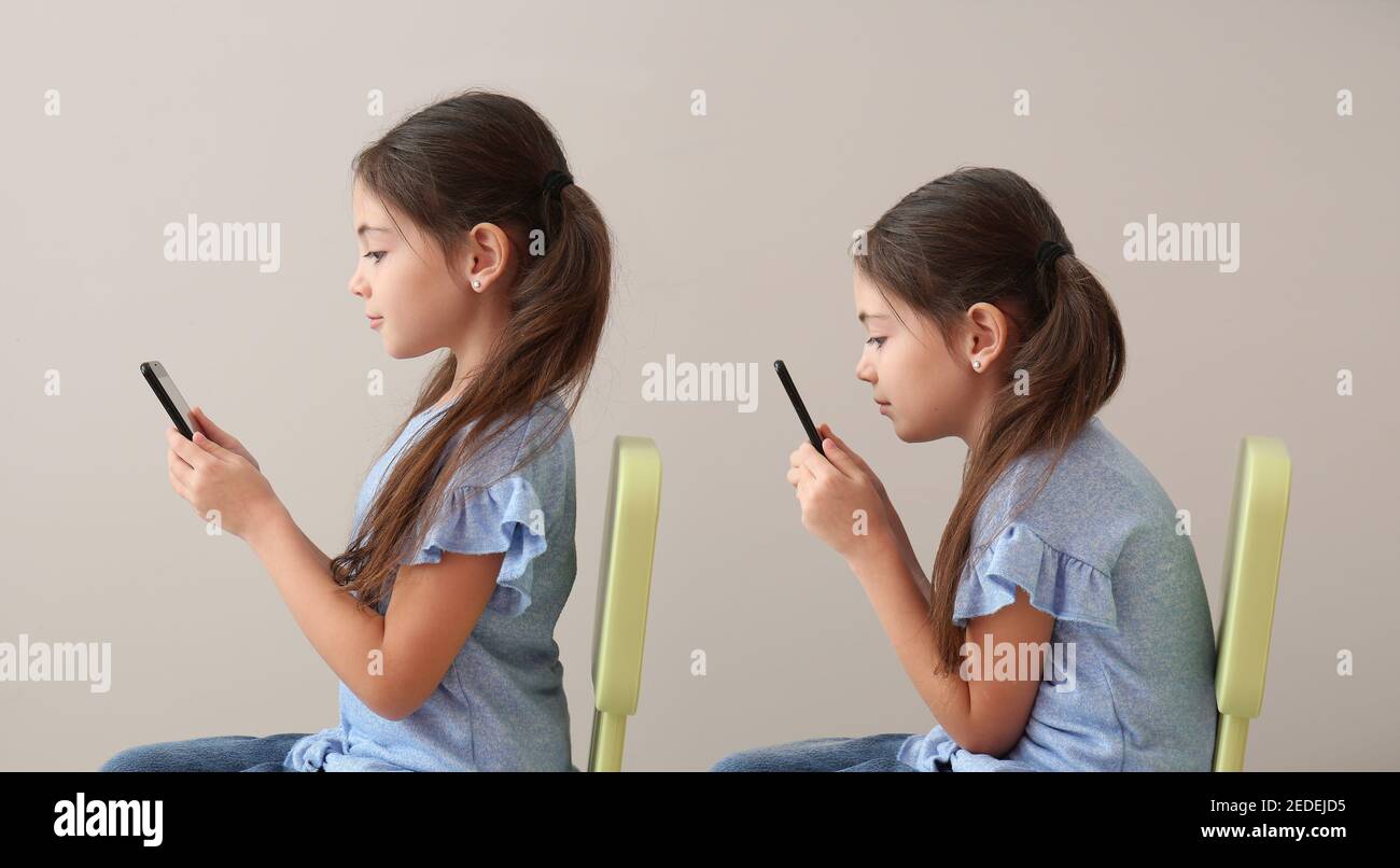Little girl with bad and proper posture using mobile phone on grey ...