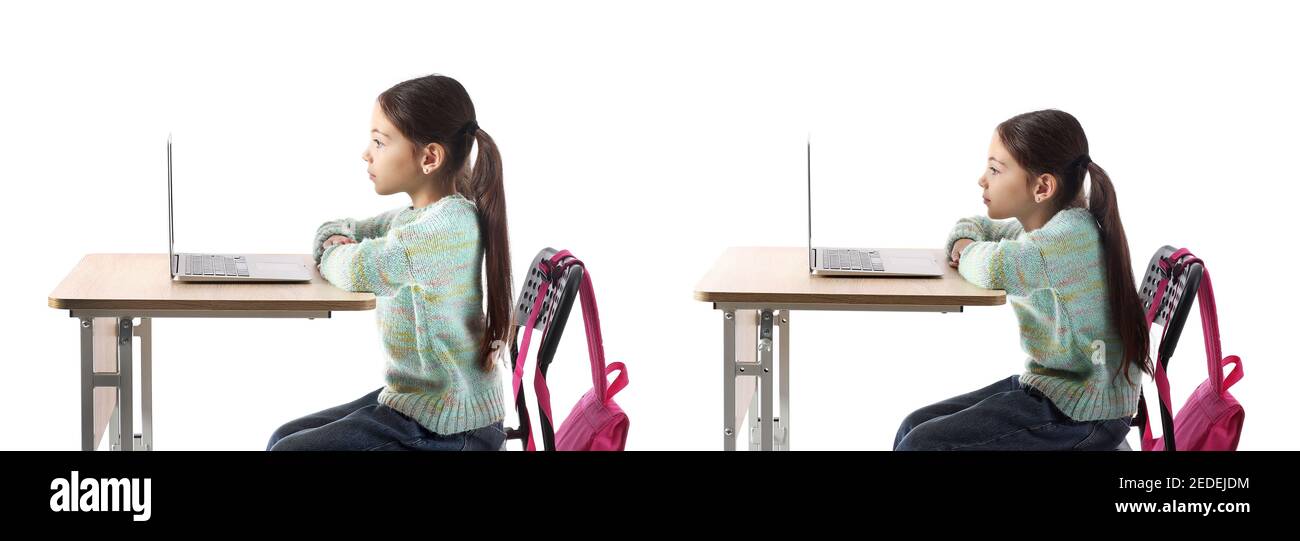 Little schoolgirl with proper and bad posture sitting at desk against ...