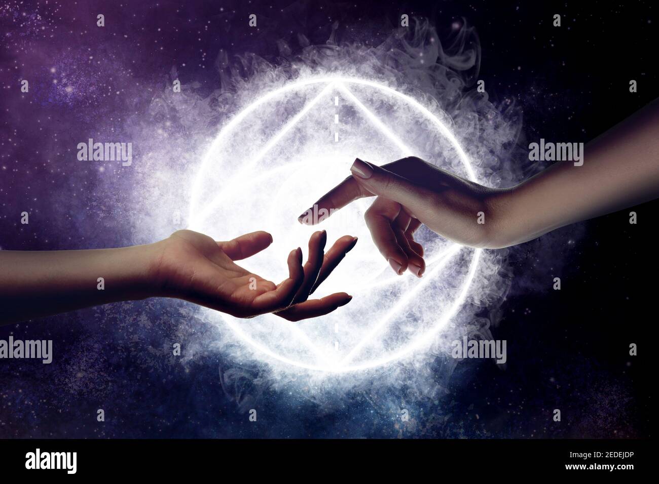 Female hands and alchemical symbol on dark color background Stock Photo ...