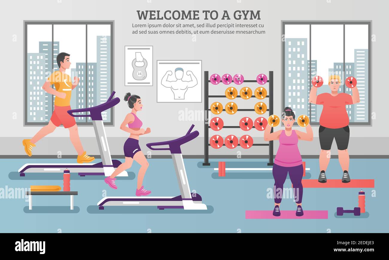 Fitness colored composition with people in the gym and having to work ...