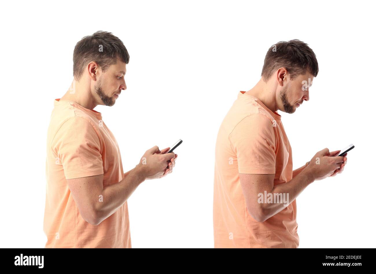 Man with proper and bad posture using mobile phone on white background ...