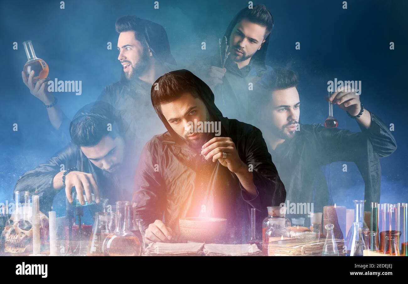 Male alchemist making potion in laboratory Stock Photo - Alamy