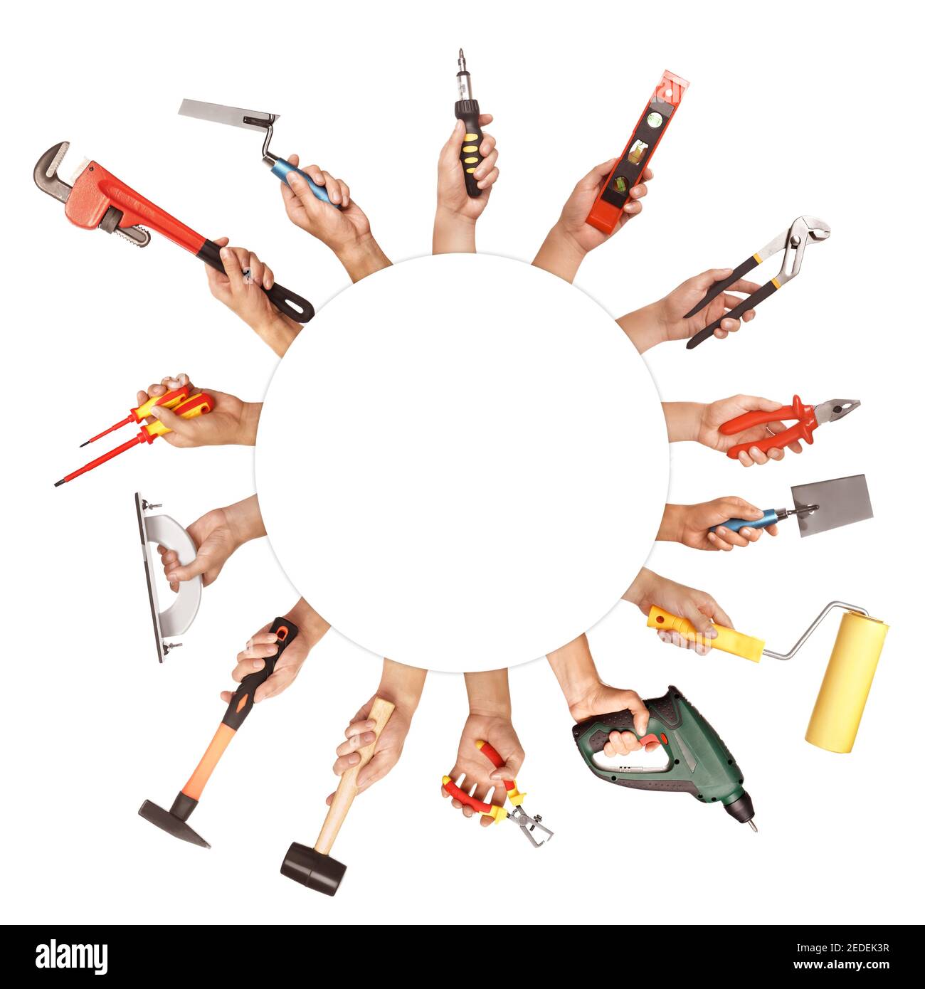 Set of different construction tools in male hands on white background ...