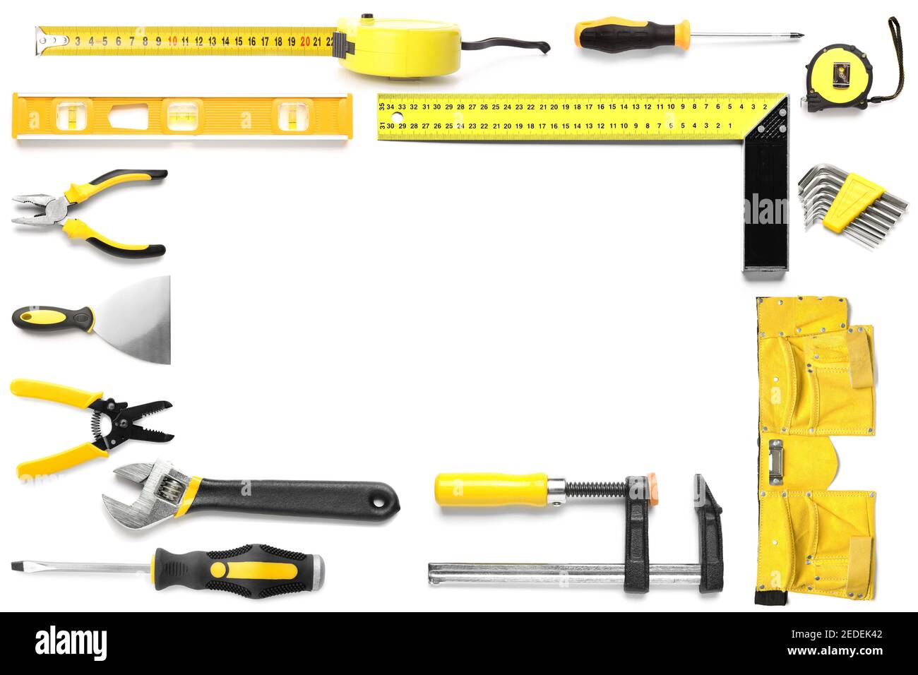 Frame made of different construction tools on white background Stock ...