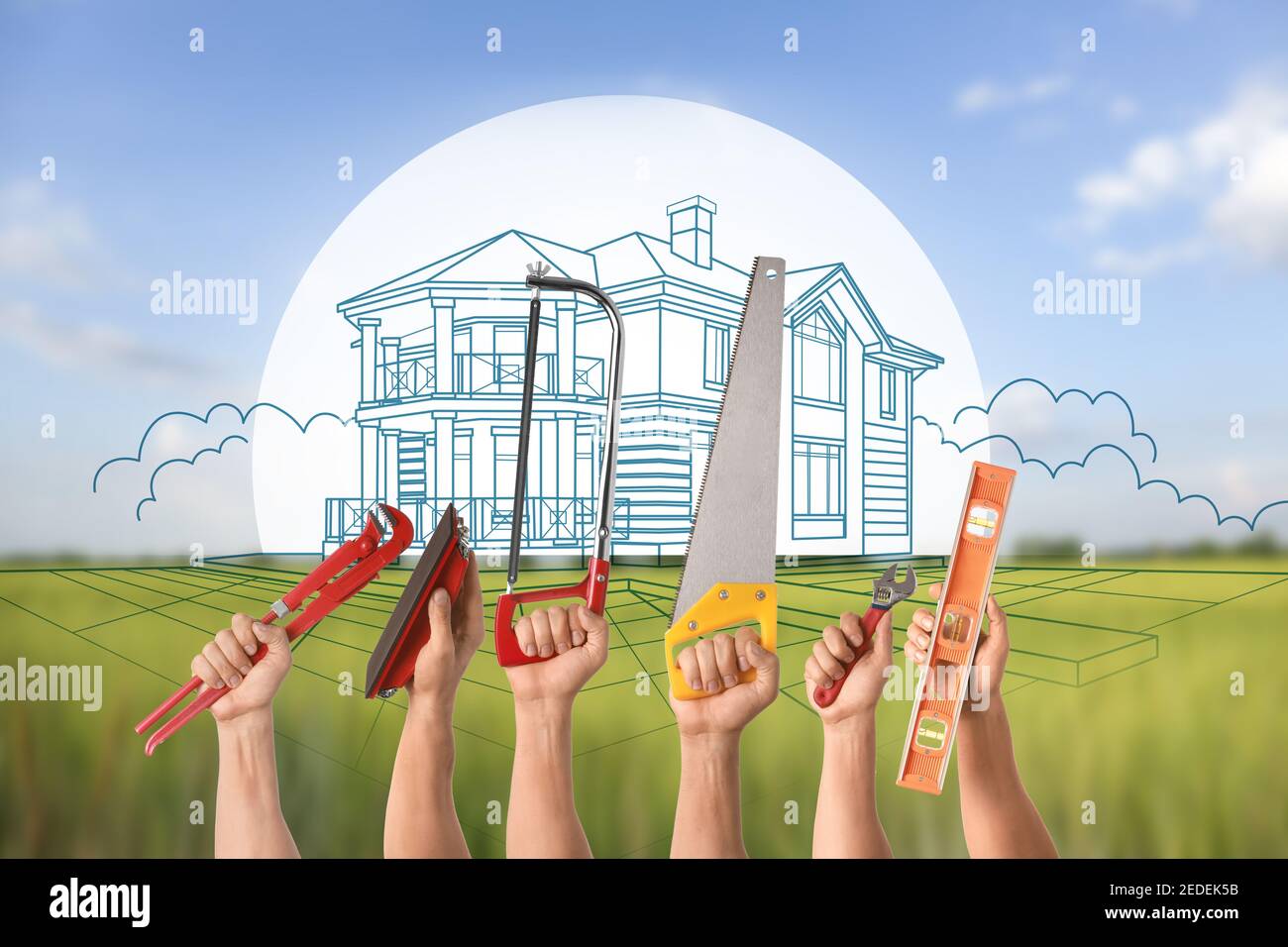 Building drawing and many hands with construction tools outdoors Stock ...