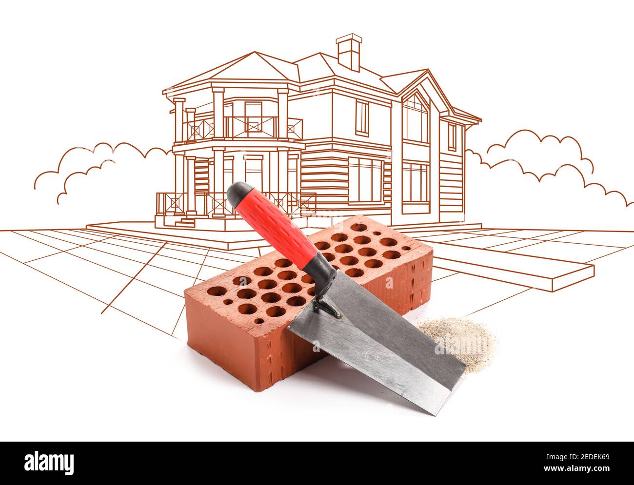 Brick with builder's trowel and building drawing on white background ...