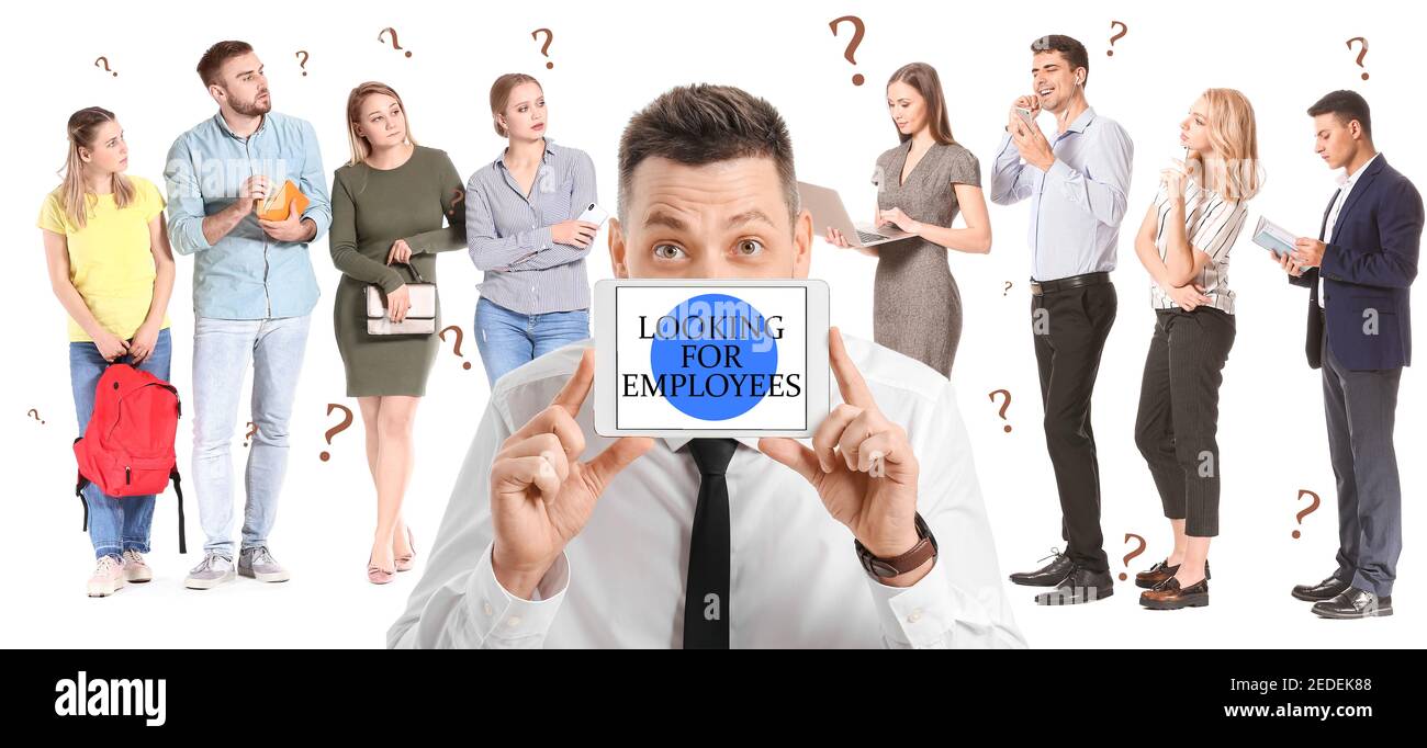 Male human resources manager with group of employees on white ...