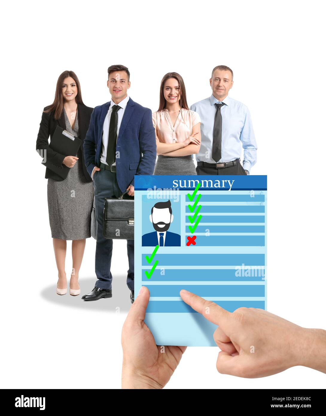 Human resources manager screening male employee on white background ...