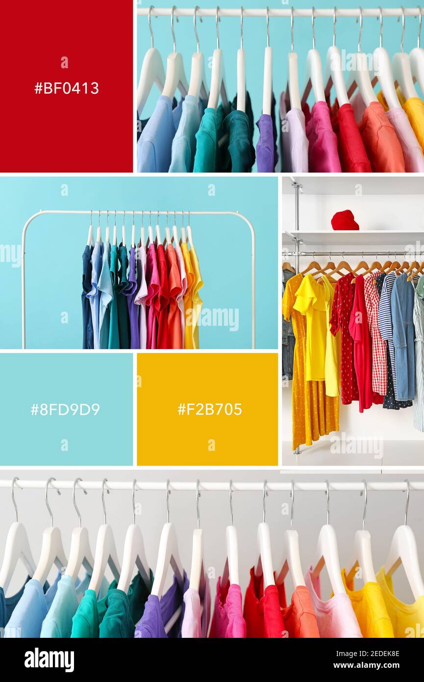 Collage of photos with stylish clothes on hangers. Different color ...