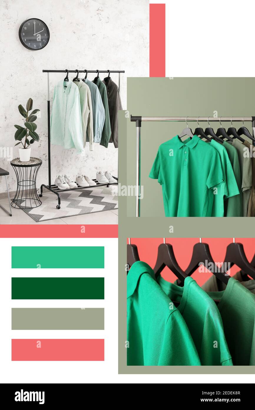 Collage of photos with stylish clothes on hangers. Different color ...