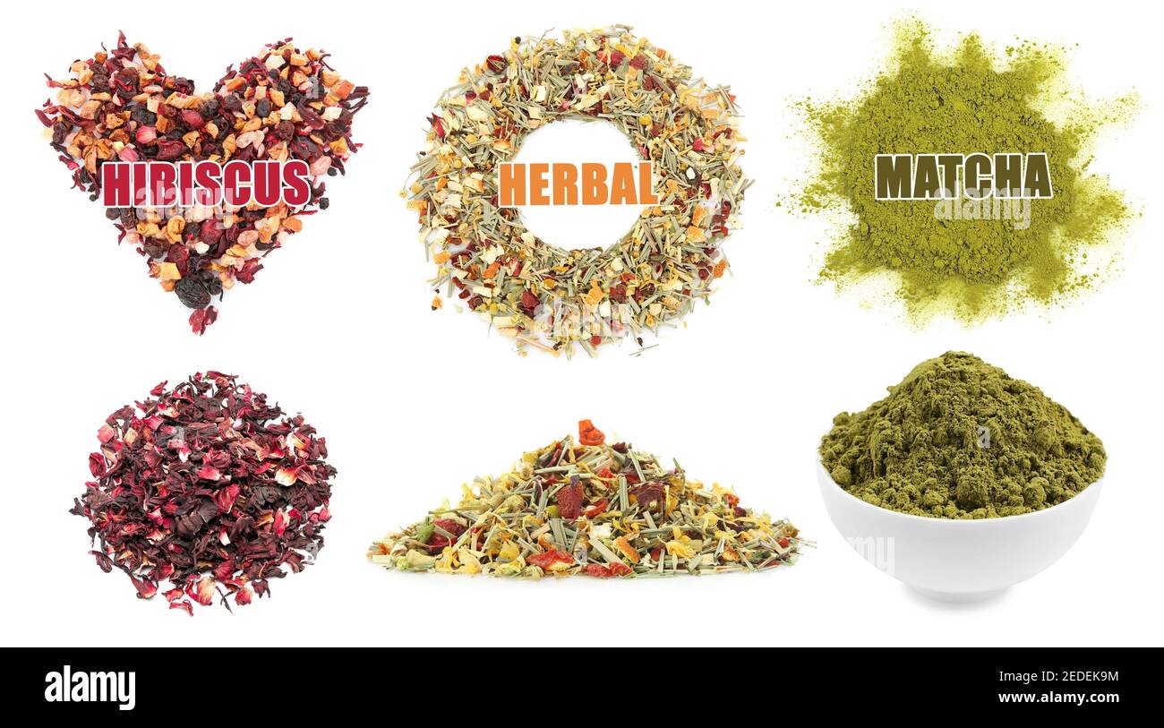 Different types of dry tea on white background Stock Photo - Alamy