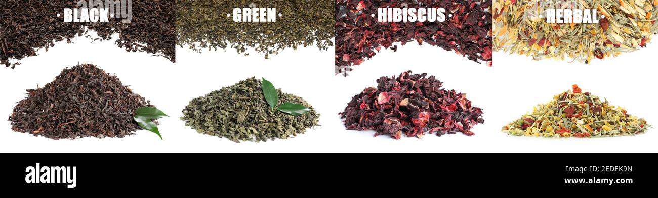 Different types of dry tea on white background Stock Photo - Alamy