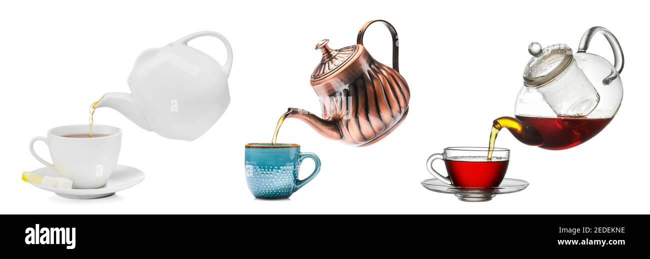 Pouring of tea from different teapots into cups on white background ...