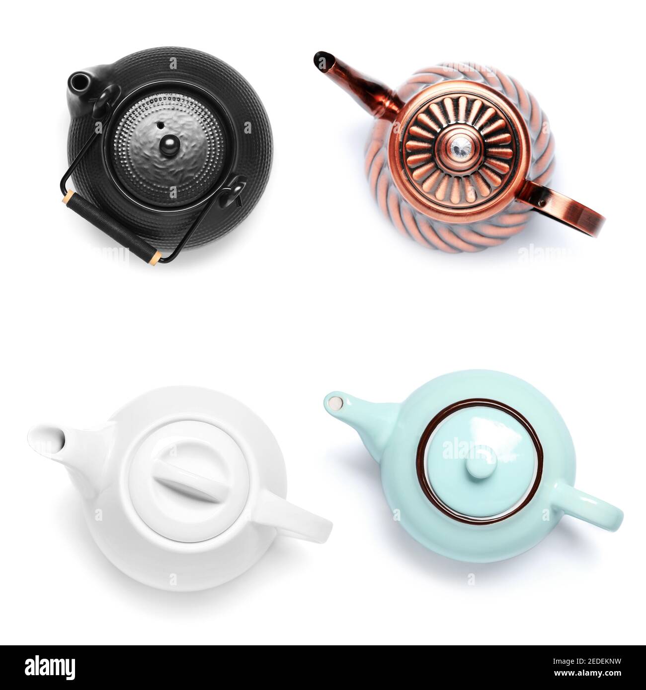 Set of different teapots on white background, top view Stock Photo - Alamy