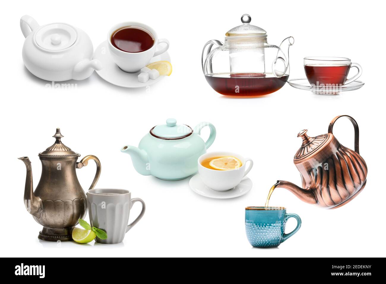 Collage of teapots and cups of hot drink on white background Stock ...
