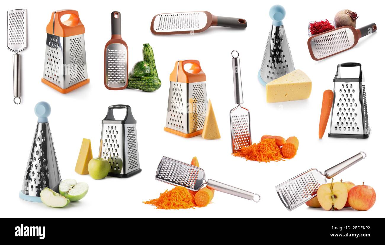 Collage of different graters with fresh products on white background ...