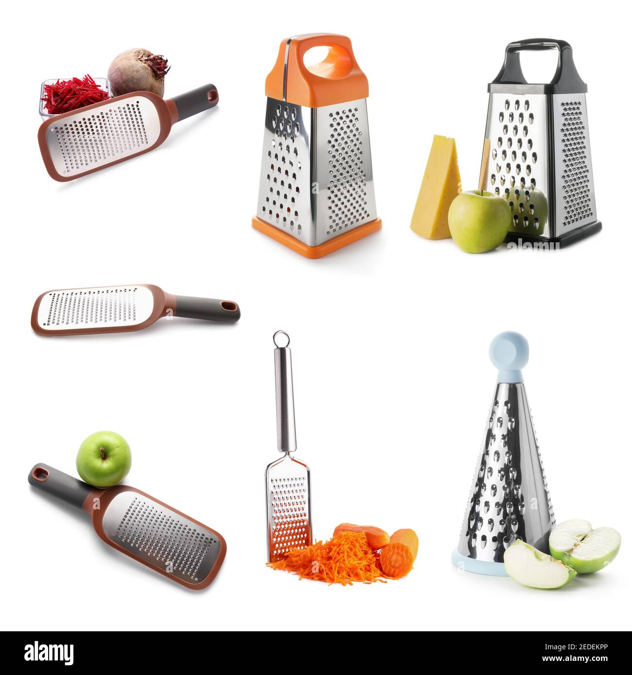 Collage of different graters with fresh products on white background ...