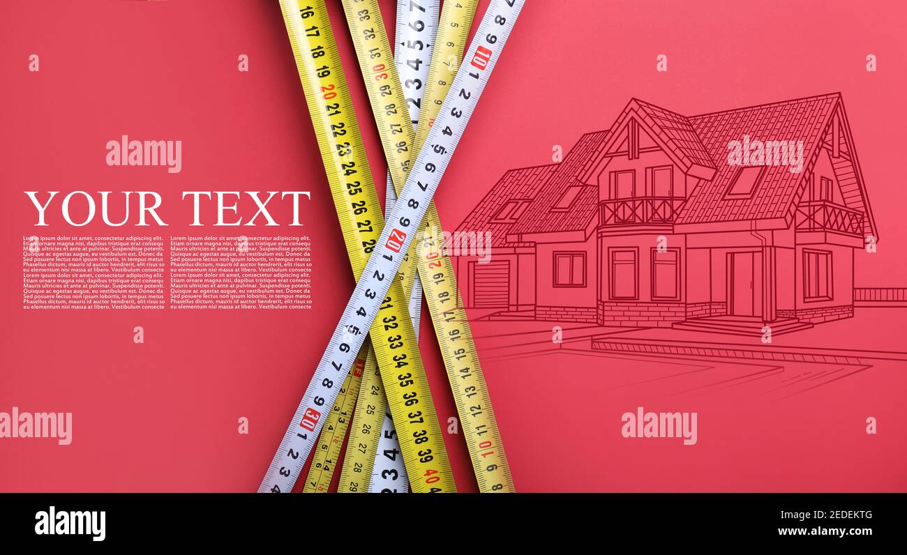 Measuring tapes and building drawing on color background with space for ...