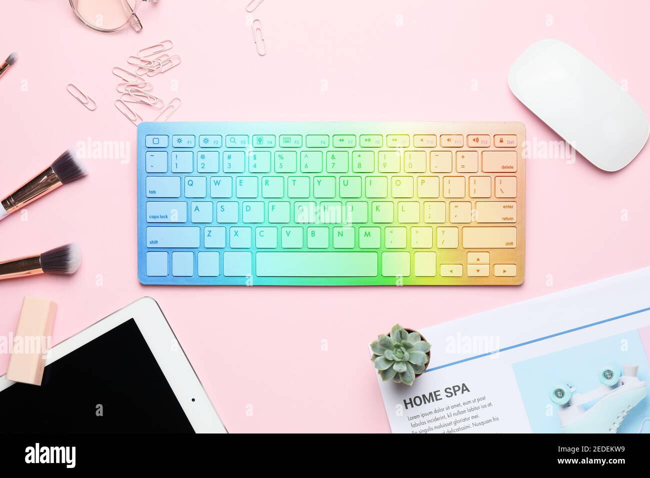 Colorful computer keyboard with mouse on pink background Stock Photo ...