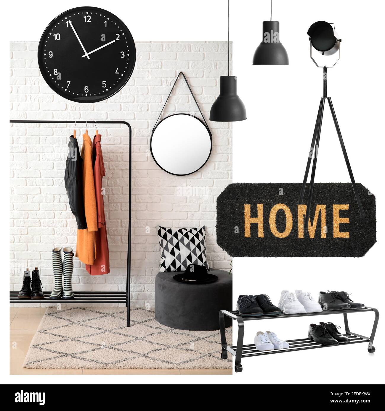 Collage of different elements for hallway interior on white background ...